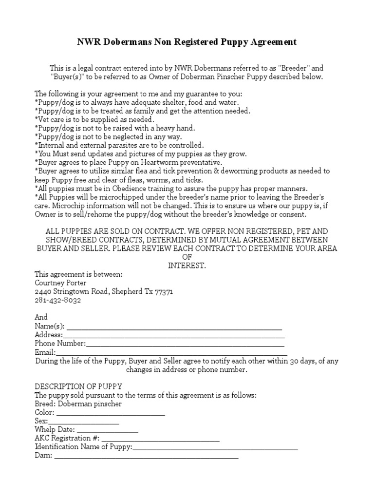 2020 NWR Dobermans Non Registered Puppy Agreement | PDF | American ...