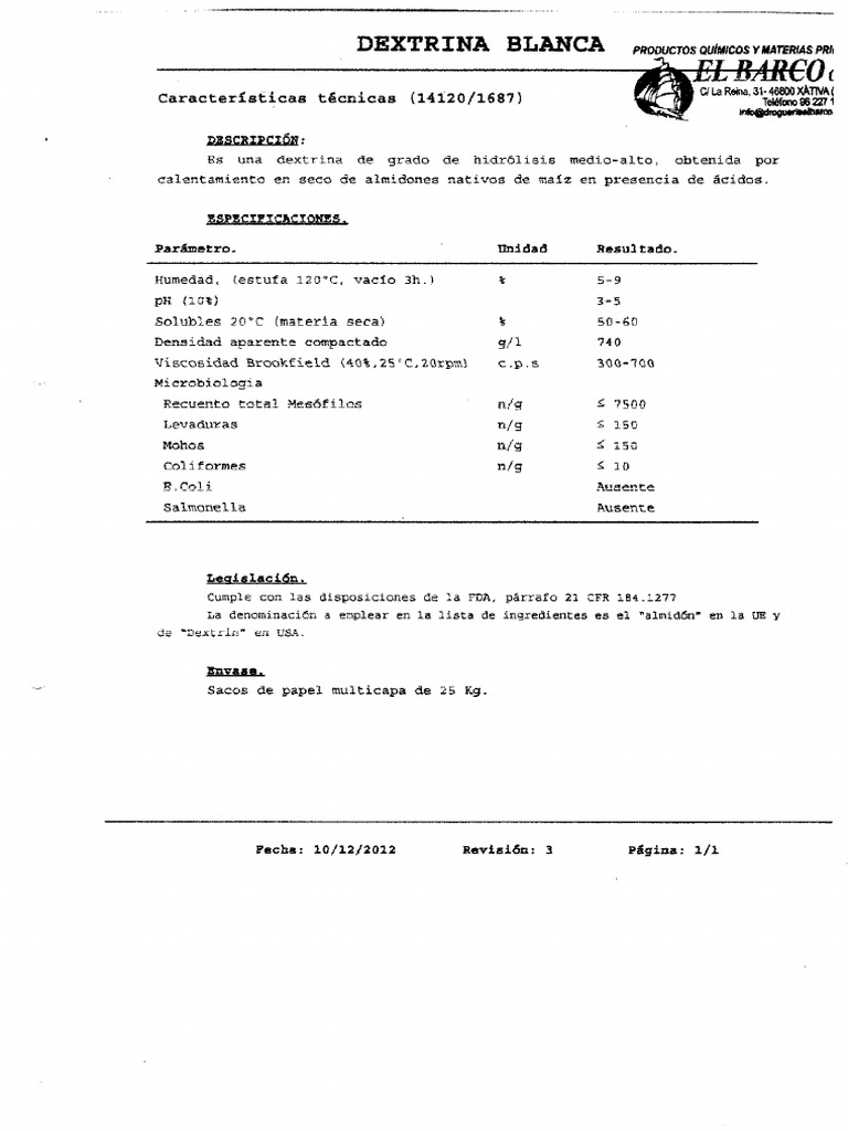 Dextrina Blanca Ficha Tecnica | PDF