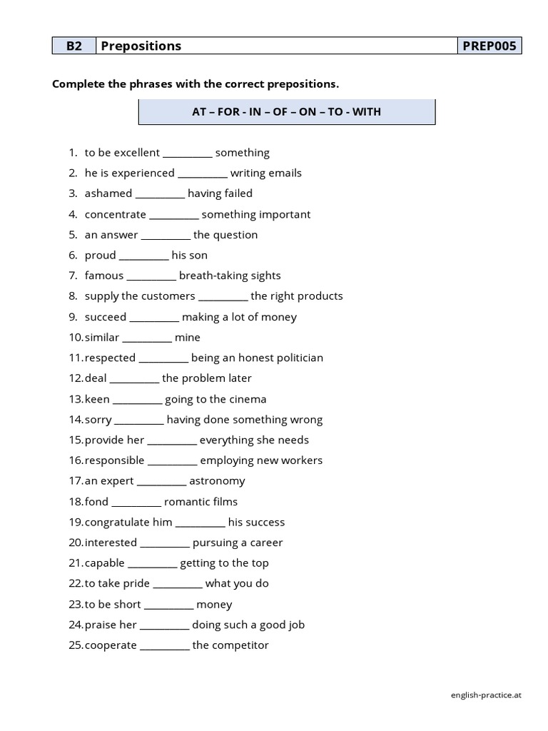 B2 Prepositions PREP005: Complete The Phrases With The Correct ...