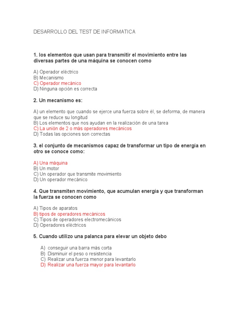 Desarrollo Del Test de Informatica | PDF | Palanca | Engranaje