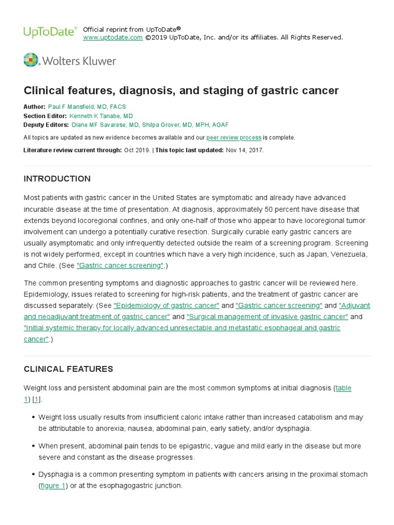 Clinical Features, Diagnosis, and Staging of Gastric Cancer - UpToDate ...