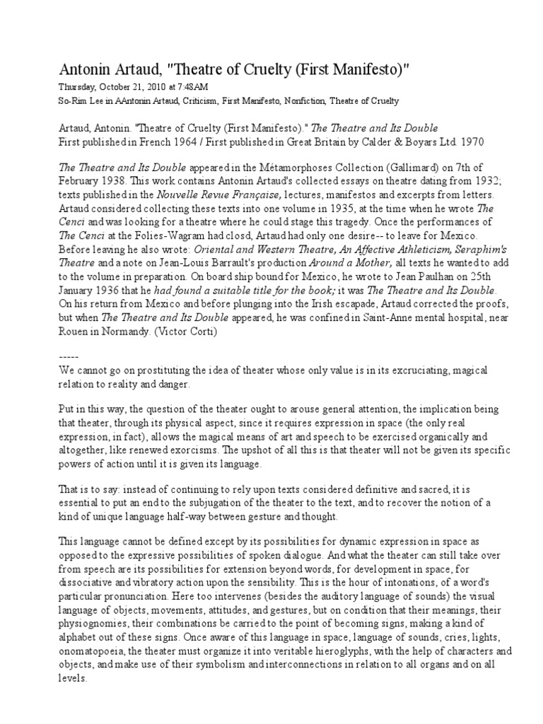 Artaud's Theatre of Cruelty Manifesto | PDF | Theatre | Entertainment ...