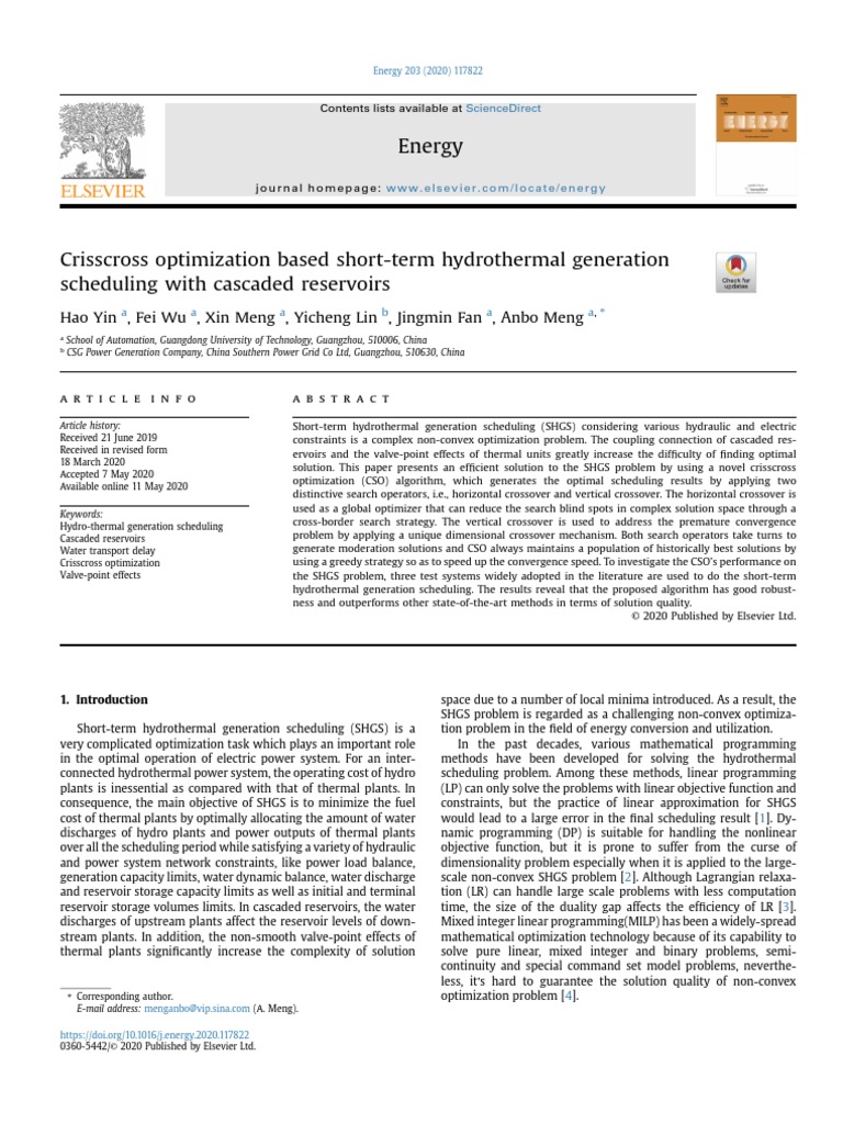 Crisscross Optimization Based Short-Term Hydrothermal Generationscheduling With Cascaded ...