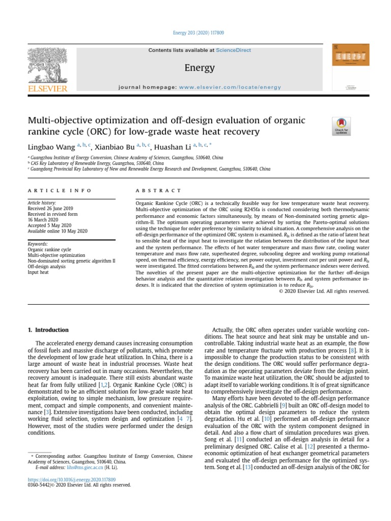 Multi Objective Optimization And Off Design Evaluation Of Organicrankine Cycle Orc For Low