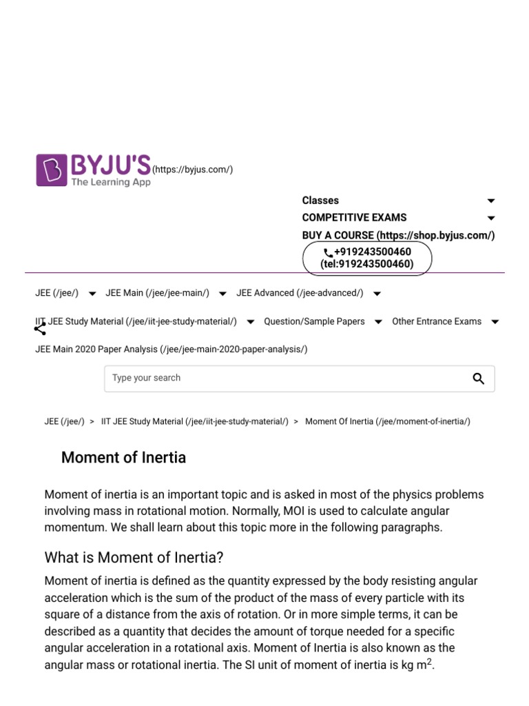 Moment of Inertia - Formulas, MOI of Objects (Solved Examples) | PDF ...