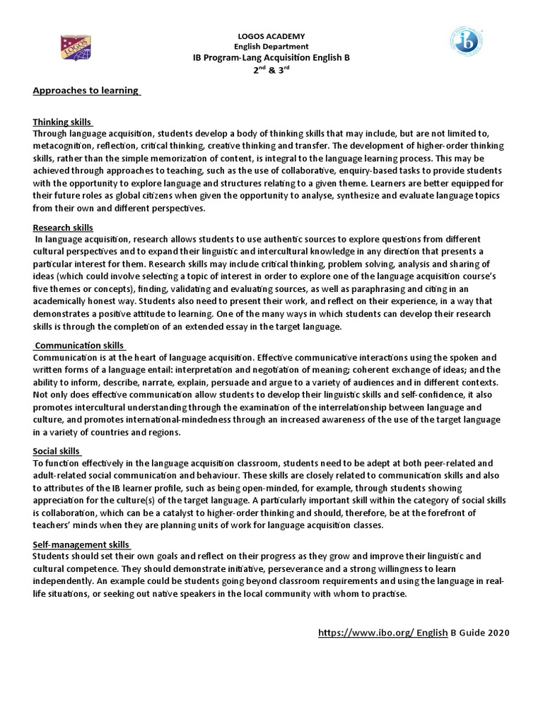 2 & 3 Approaches To Learning: IB Program-Lang Acquisition English B ...