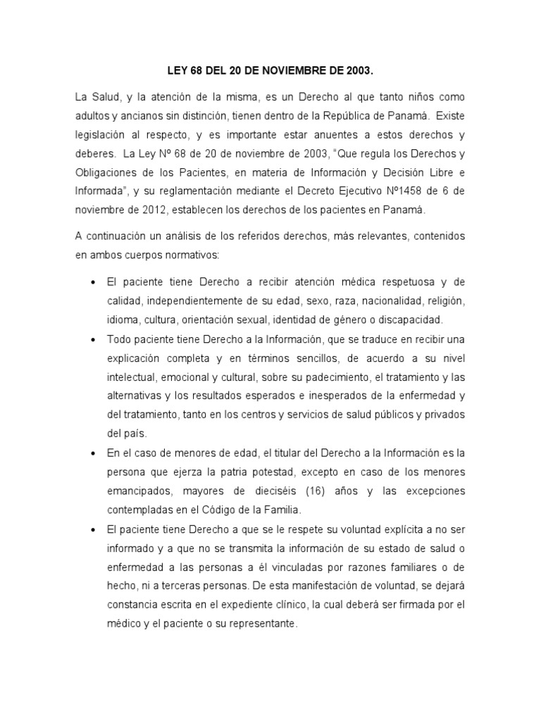 Ley 68 Del 20 de Noviembre de 2003. | PDF | Historial médico | Hospital