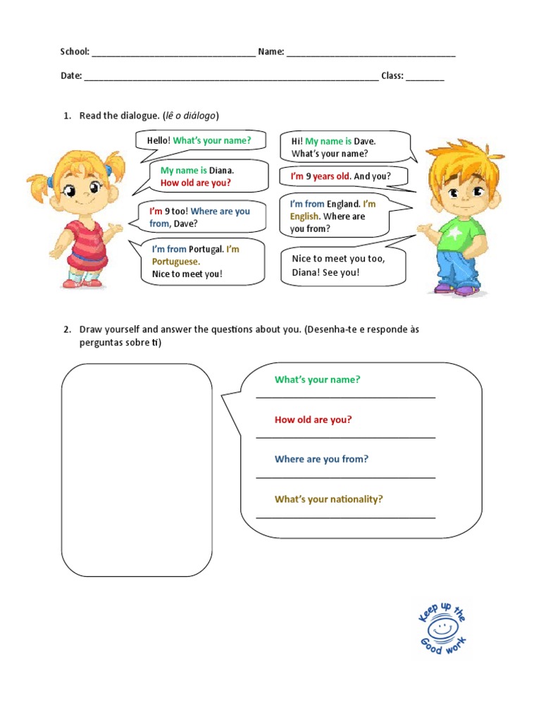 Student worksheet introducing names, ages, home countries, and ...