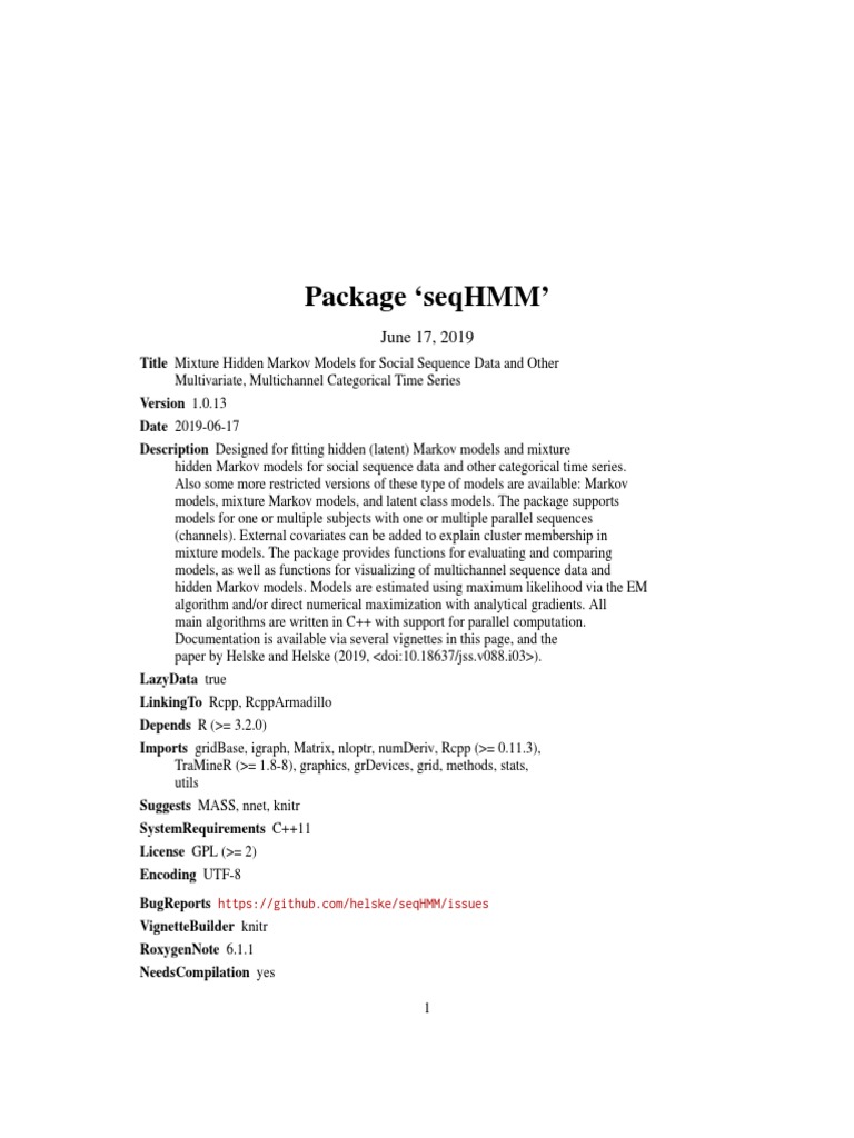 Package Seqhmm': June 17, 2019 | PDF | Matrix (Mathematics) | Markov Chain