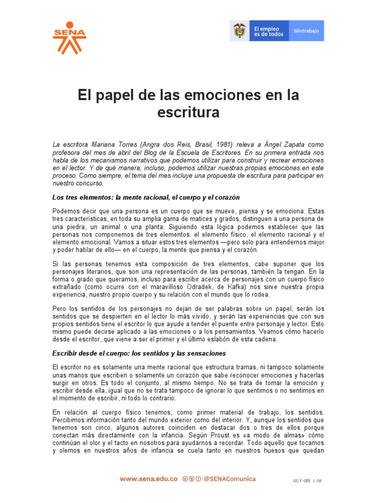 Redacción de Emociones y Sentimientos en La Escritura | PDF | Las ...