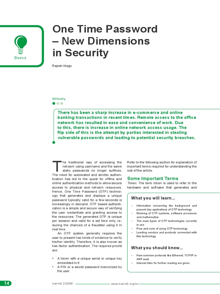 One Time Password - New Dimensions in Security PDF | PDF | Password ...
