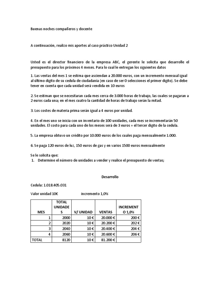 Caso Practico Unidad 2 | PDF | Presupuesto | Economias