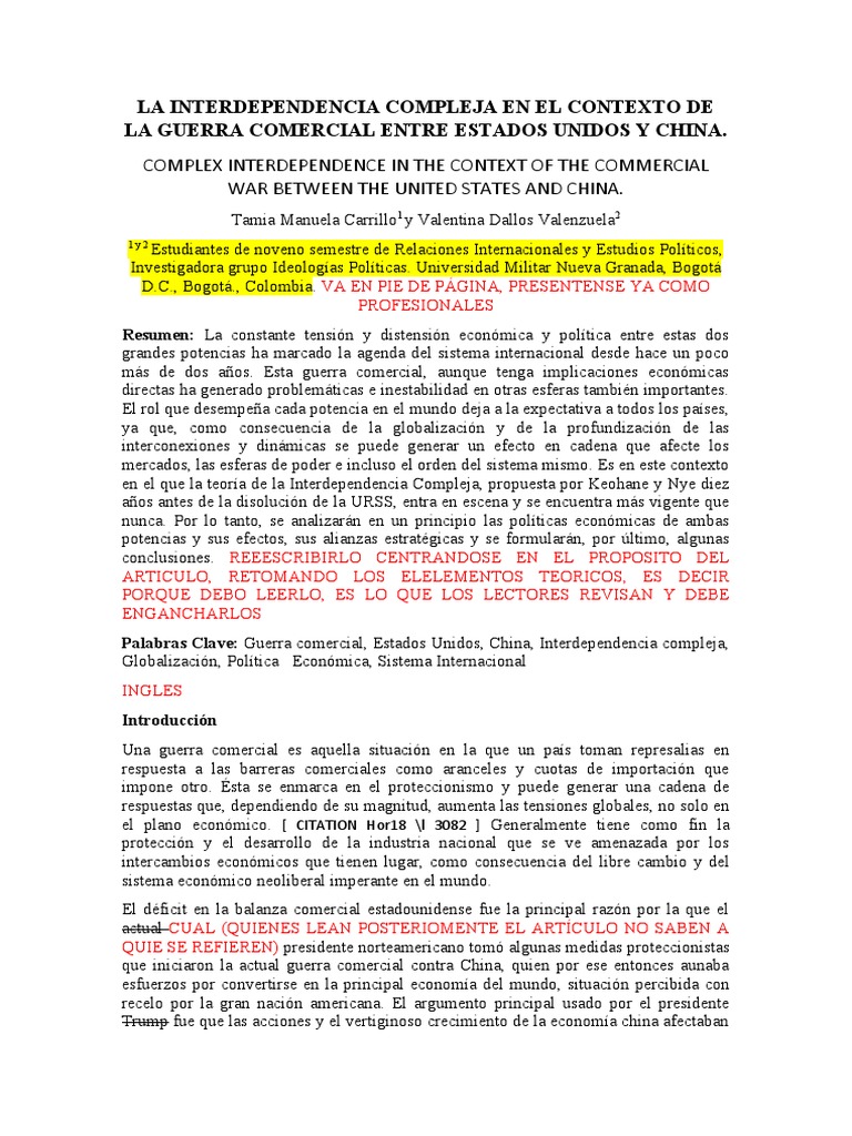La Interdependencia Compleja en El Contexto de La Guerra Comercial ...
