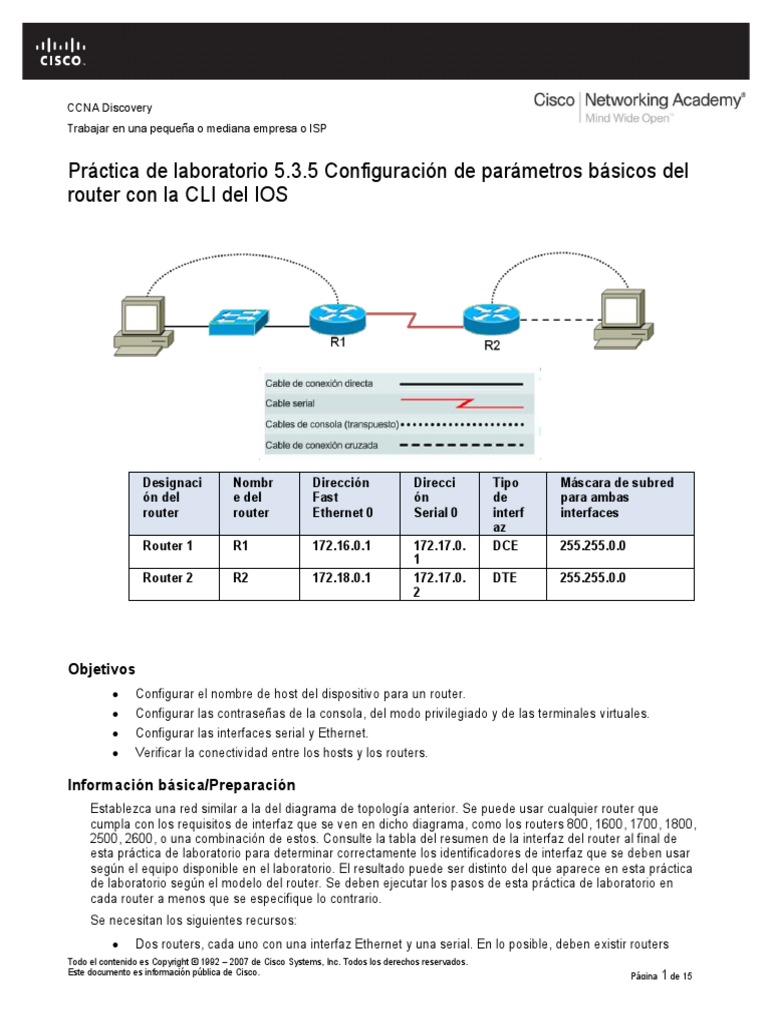 Práctica De Laboratorio 535 Configuración De Parámetros Básicos Del Router Con La Cli Del Ios 