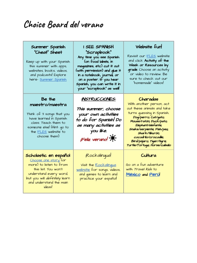 Summer Choice Board - Fles | PDF | Organisms