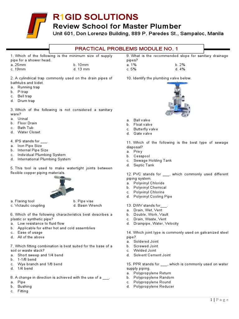 Practical Plumbing Problems Module No. 1: Review Questions on Plumbing ...