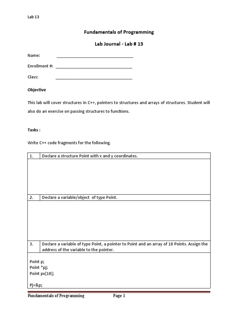 Fundamentals of Programming Lab Journal - Lab # 13: Objective | PDF | Subroutine | Pointer ...