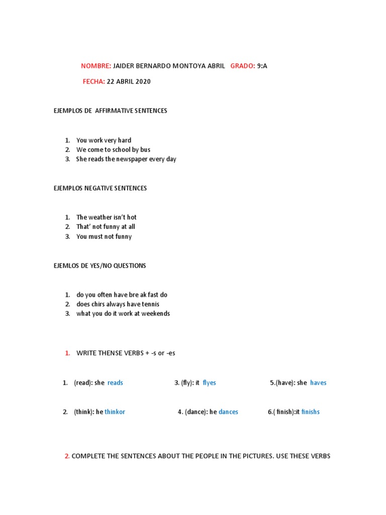 Ejemplos de Affirmative Sentences | PDF | Syntax | Linguistics