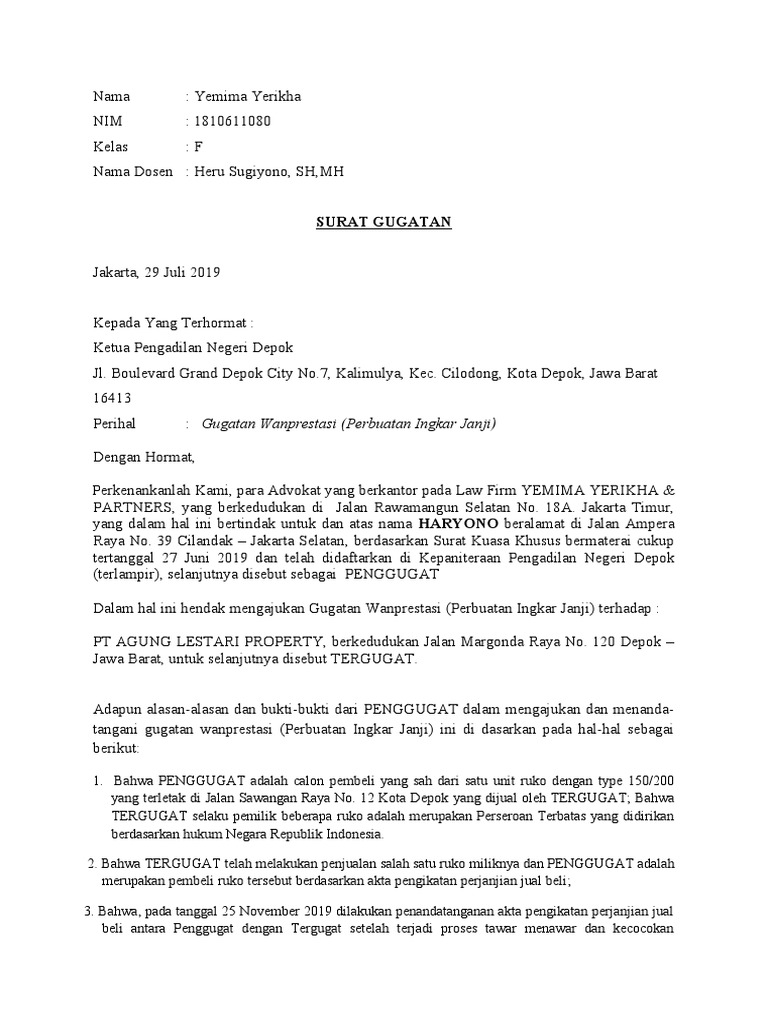 CONTOH SURAT GUGATAN Dalam Hukum Acara Perdata | PDF | Pengelolaan ...