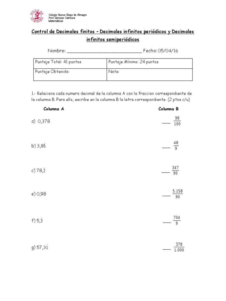 Control de Decimales Finitos-Infinitos | PDF | Notación | Enseñanza de ...