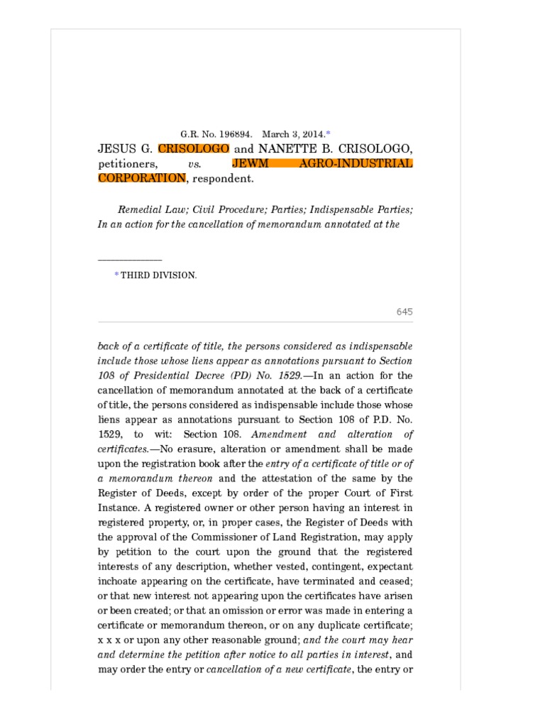 Jesus G. Crisologo and Nanette B. Crisologo, Petitioners, Jewm Agro ...