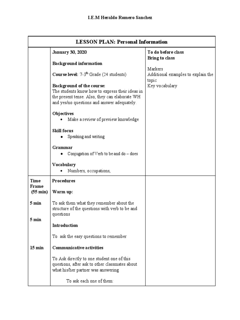 Personal Information Lesson Plan | PDF | Question | Linguistics