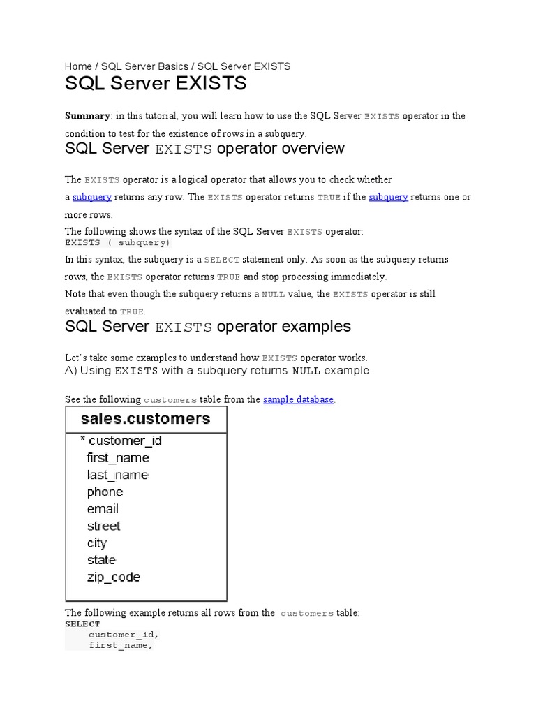 SQL Server EXISTS Operator Overview | PDF | Sql | Science And Technology