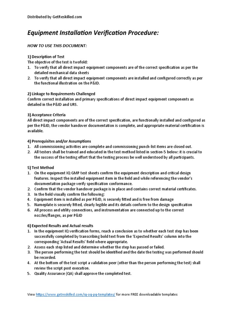 Equipment Installation Verification Procedure:: How To Use This Document | PDF | Verification ...