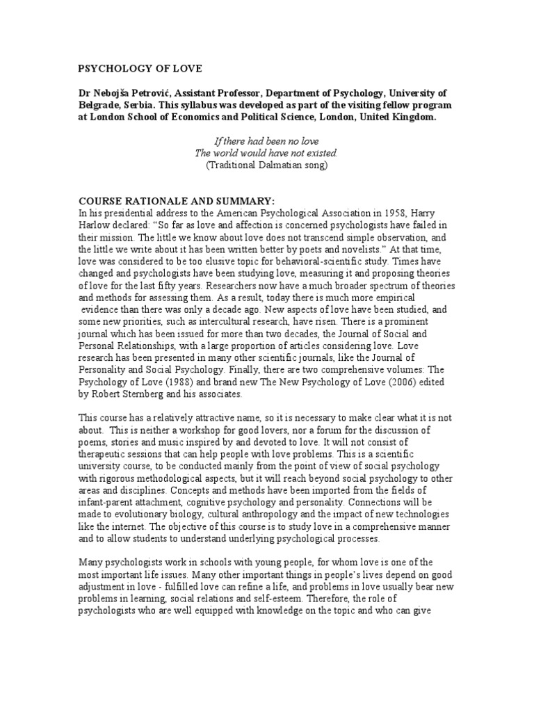 2007petrovic - Syllabus - Psychology of Love | PDF | Attachment Theory ...