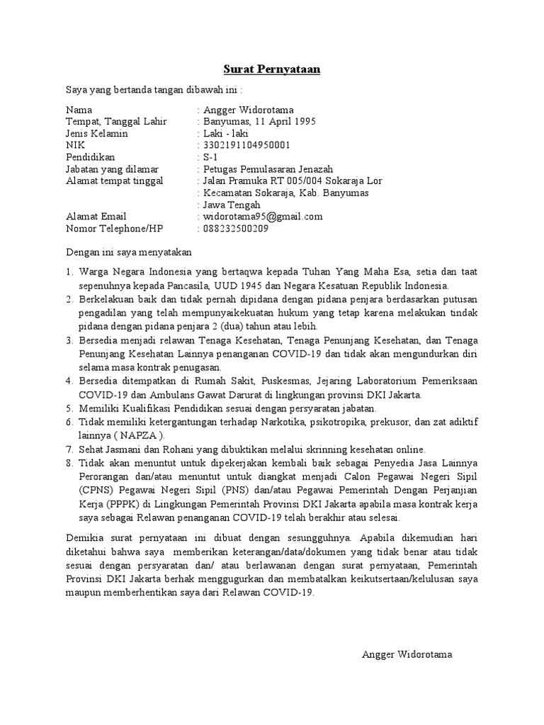 Surat Pernyataan Relawan | PDF