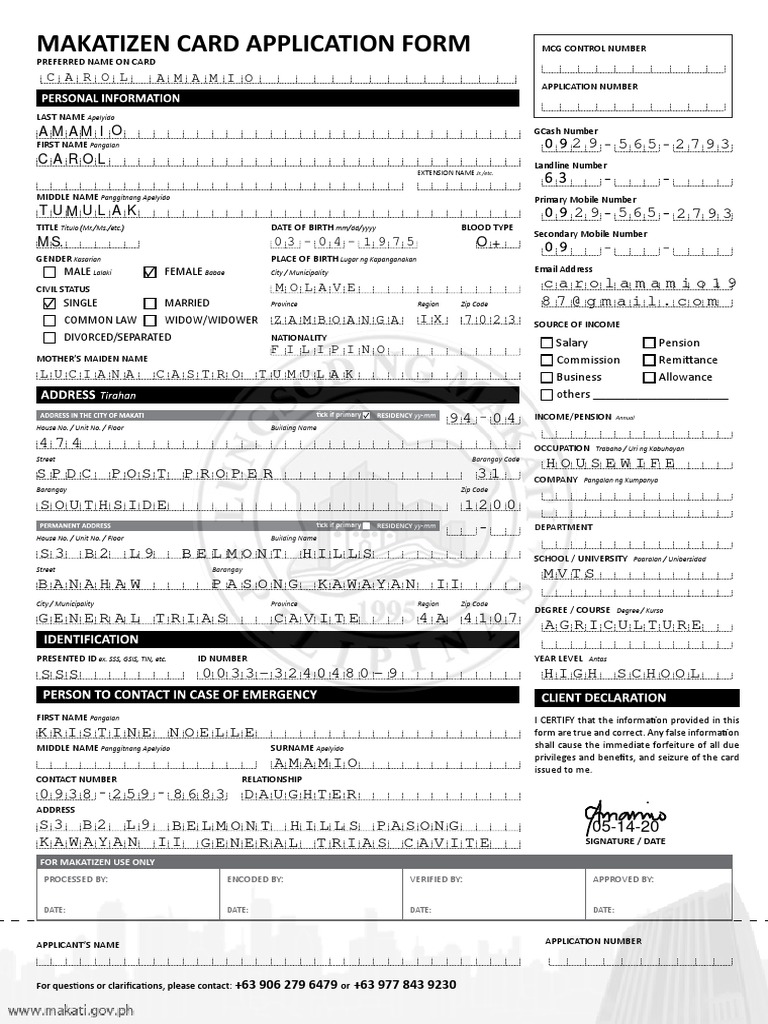 Makatizen Card Application Form: Carol Amamio | PDF | Government ...