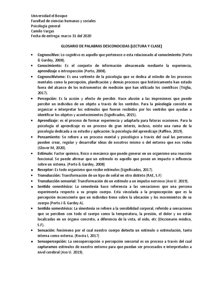 Glosario de Palabras Desconocidas | PDF | Percepción | Sicología