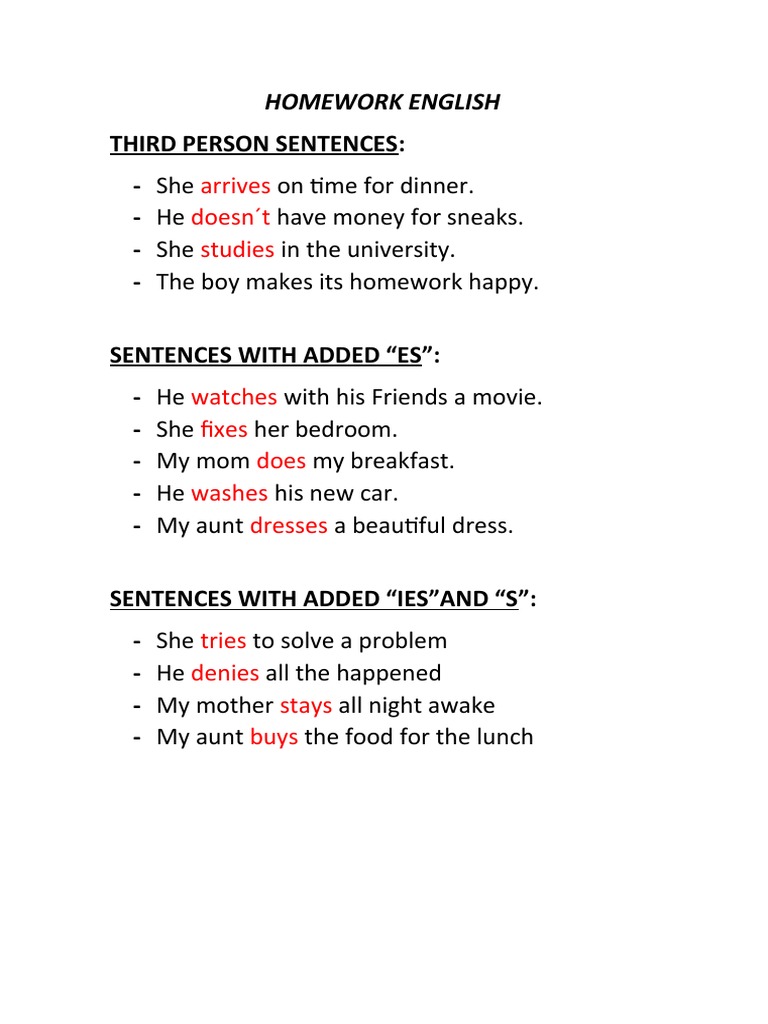 Third Person Sentences: - She - He - She - The Boy Makes Its Homework ...