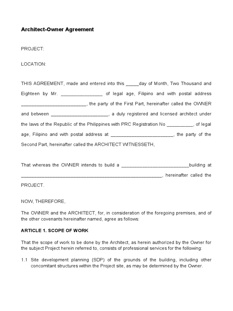 Architect-Owner Agreement | PDF | Architect | General Contractor