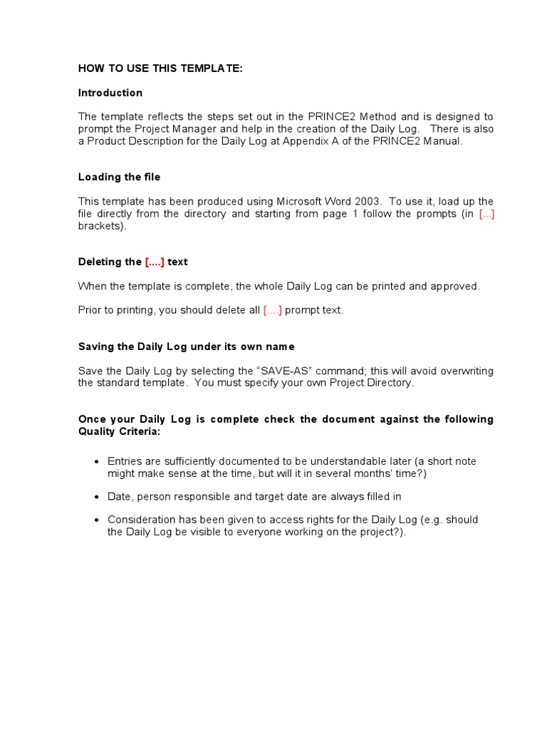 PRINCE2 Daily Log Template Guide | PDF