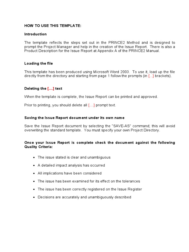 HOW TO USE PRINCE2 ISSUE REPORT TEMPLATE | PDF | Directory (Computing ...