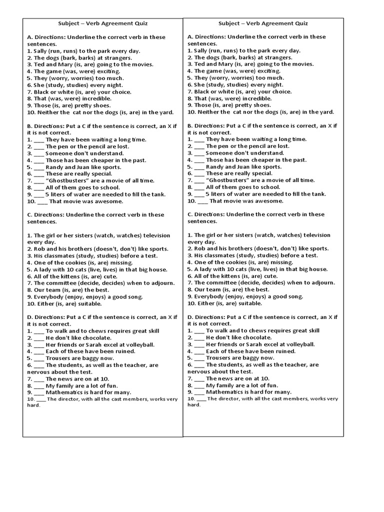 Subject - Verb Agreement Quiz A. Directions Subject - Verb Agreement ...
