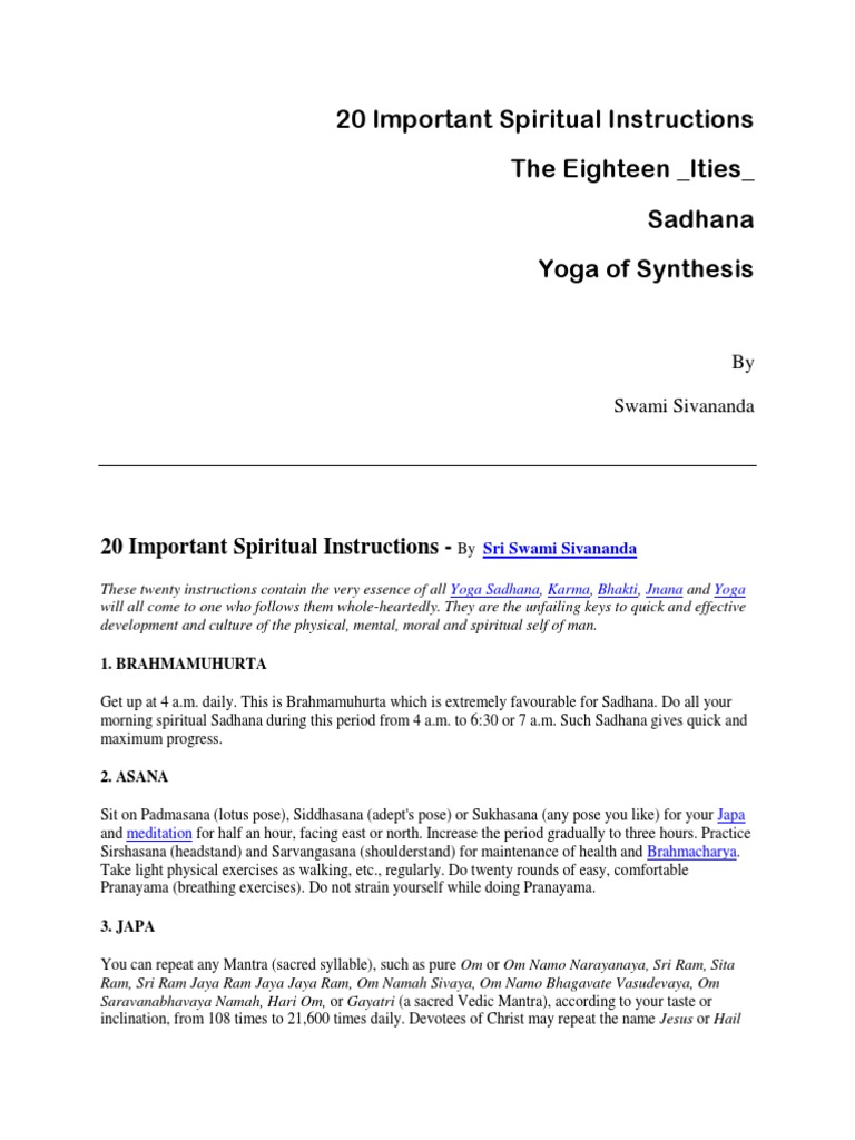 20 Spiritual Instructions by Sivananda | PDF | Bhakti | Yoga