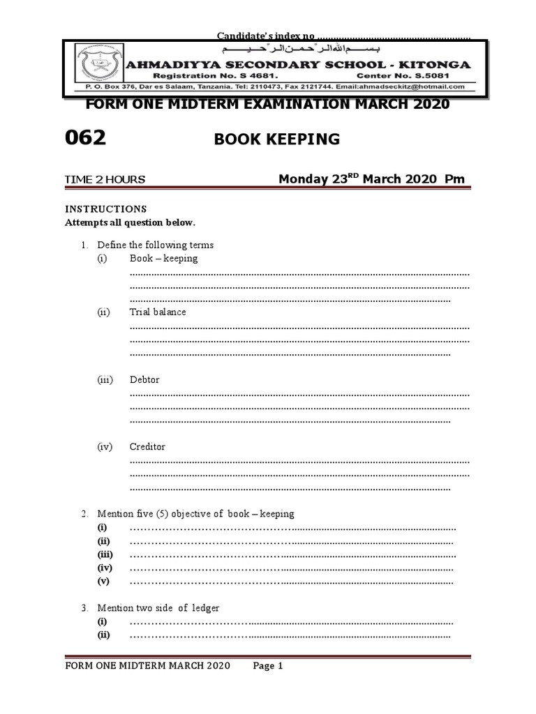 Book Keeping Form I Pdf Bookkeeping Accounting