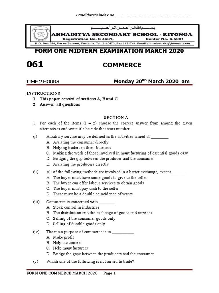 Commerce: Form One Midterm Examination March 2020 | PDF | Goods | Commerce