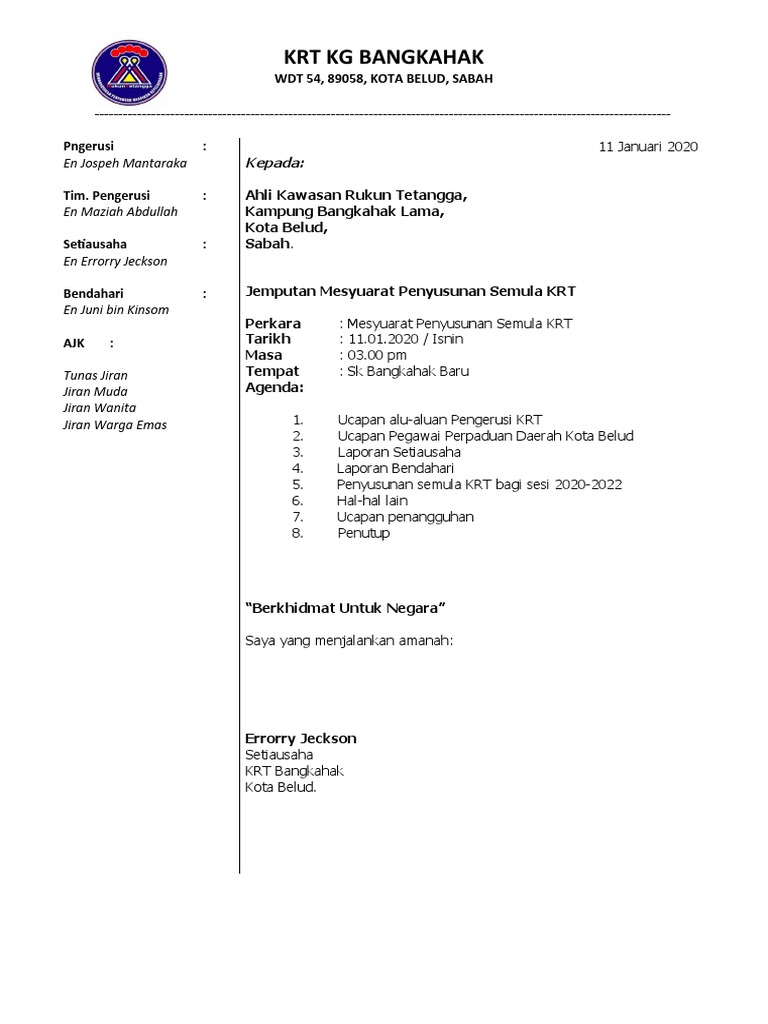 Surat Jemputan Mesyuarat KRT | PDF