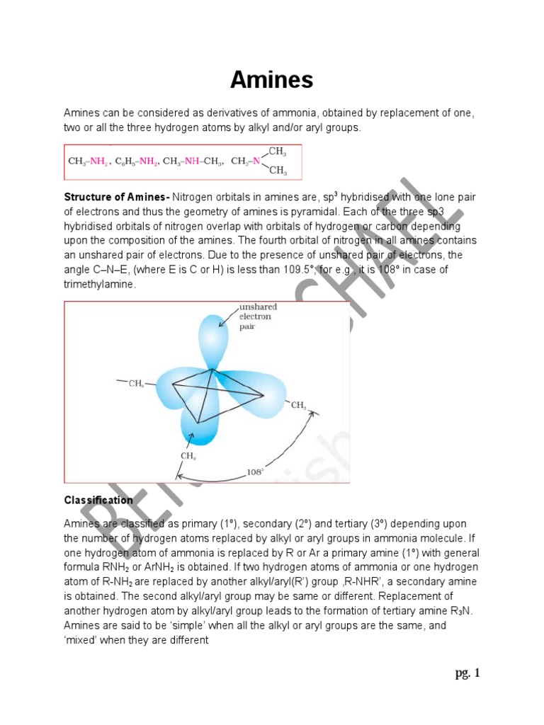 Amines: Structure of Amines-Nitrogen Orbitals in Amines Are, SP Hybridised With One Lone Pair ...