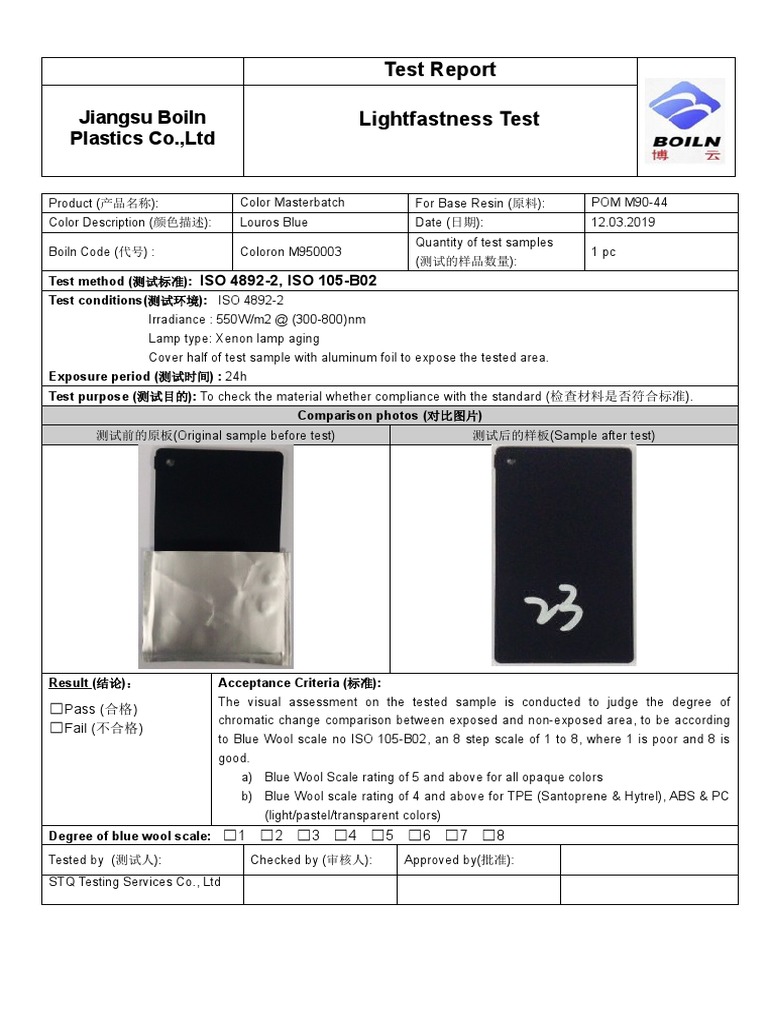 Jiangsu Boiln Plastics Co.,Ltd: Test Report Lightfastness Test | PDF