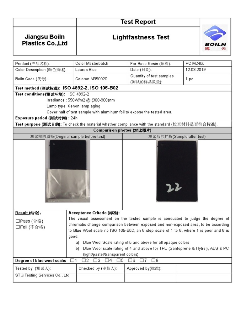 Lightfastness Test Report for Louros Blue Masterbatch | PDF | Computers ...