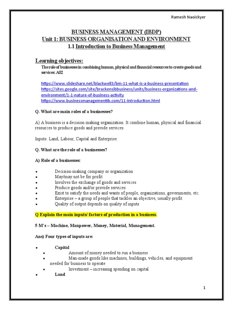 Chapter 1.1 Introduction To Business Management. (Notes) | PDF ...