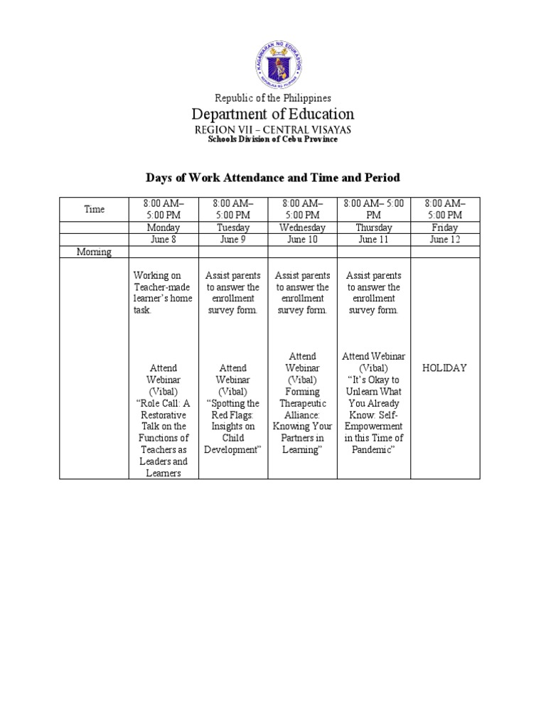 Department of Education: Days of Work Attendance and Time and Period ...