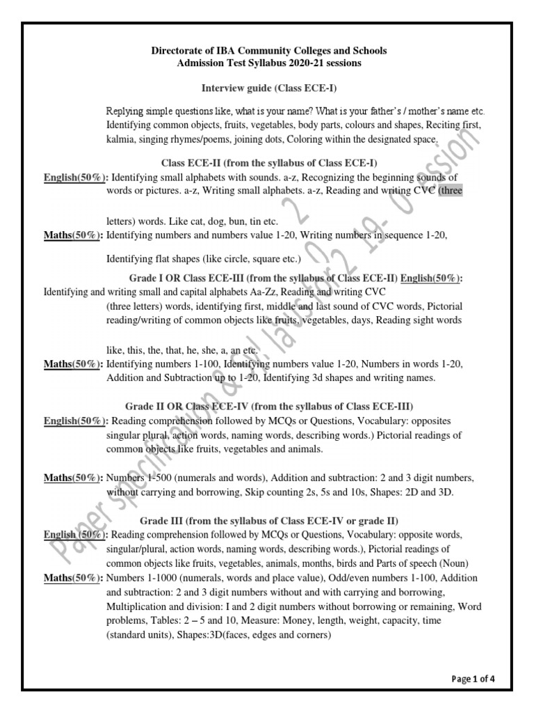 Interview Guide (Class ECE-I) : Grade I OR Class ECE-III (From The ...