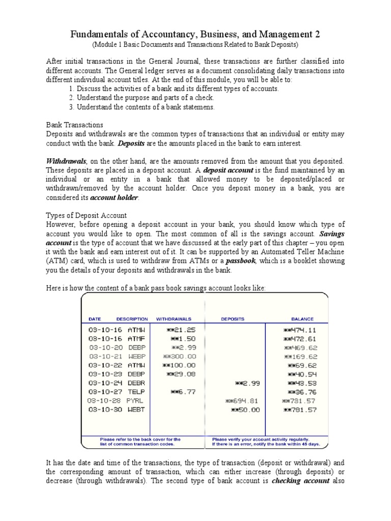 Fundamentals of Accountancy | PDF | Passbook | Deposit Account