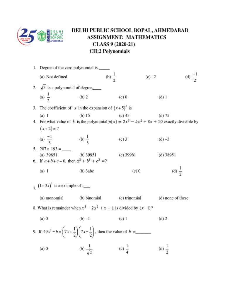Delhi Public School Bopal, Ahmedabad Assignment: Mathematics CLASS 9 ...
