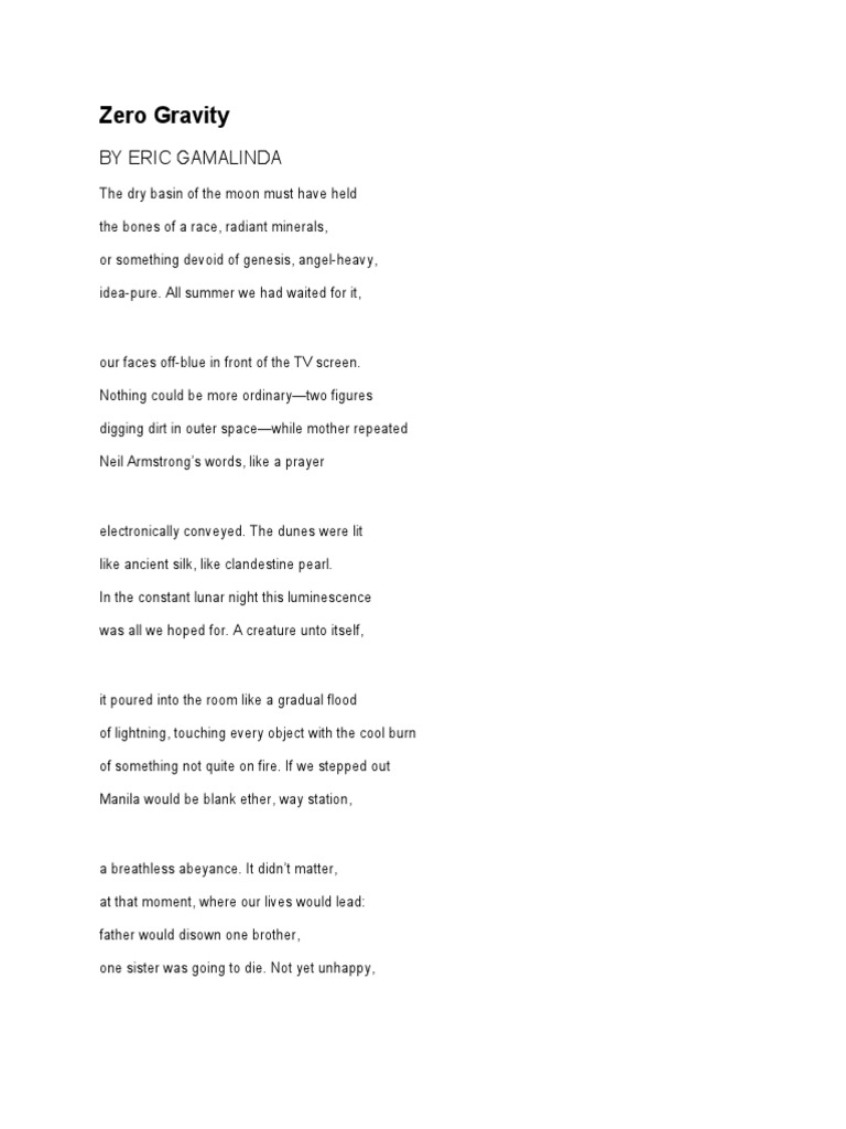 Zero Gravity: A Poem by Eric Gamalinda | PDF